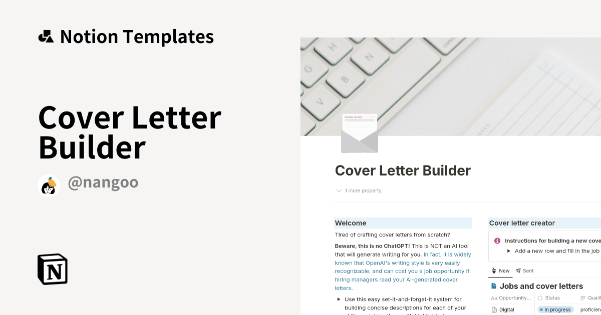 Cover Letter Builder Template by Nan | Notion Marketplace