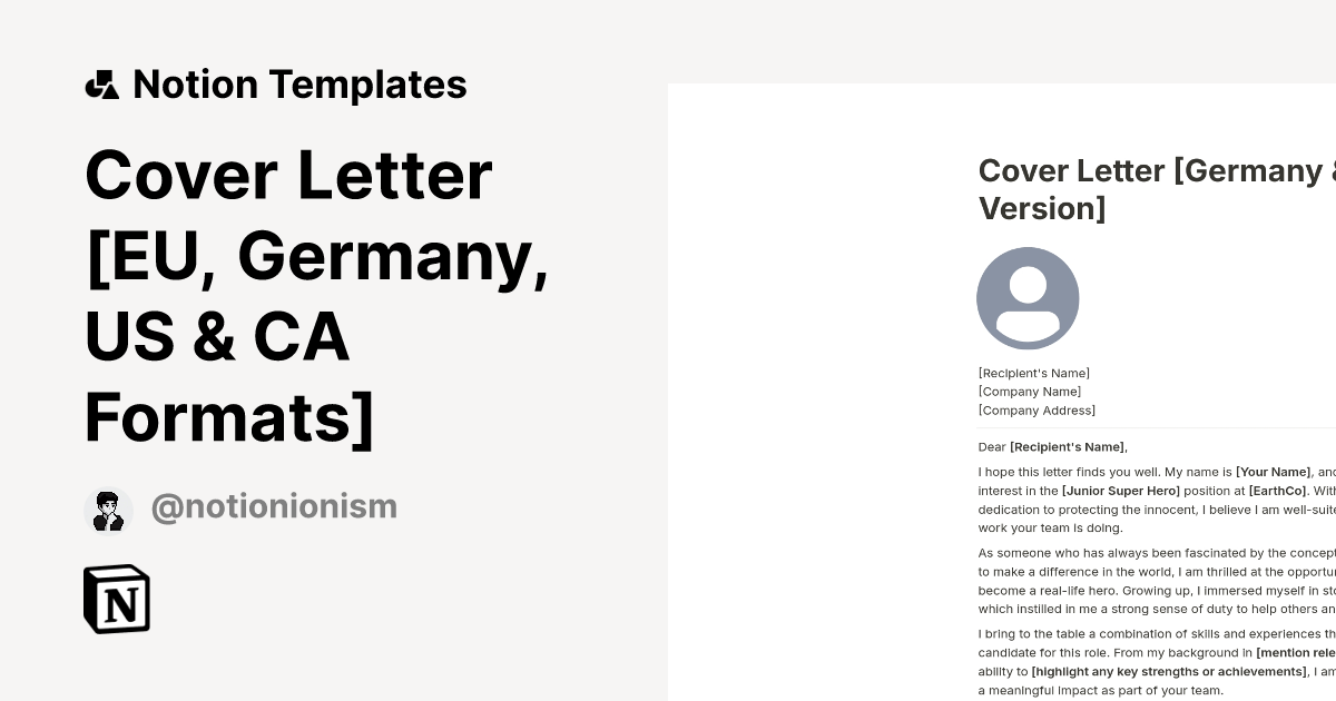 Cover Letter [EU, Germany, US & CA Formats] Template | Notion Marketplace