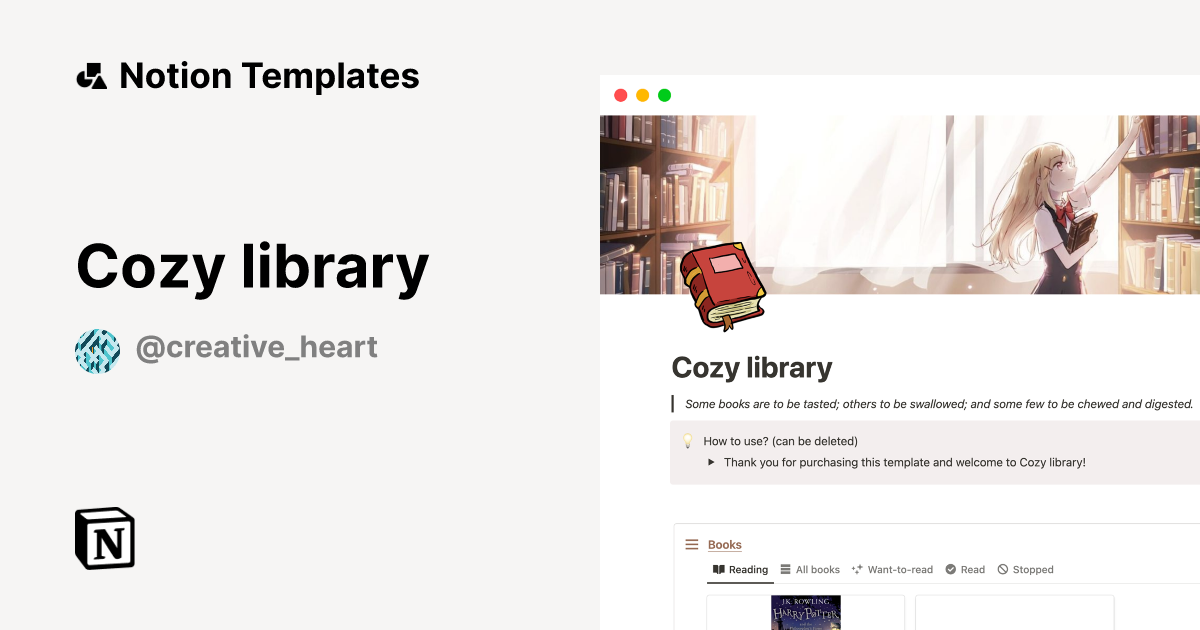 Cozy library Template by Creative_Heart | Notion Marketplace