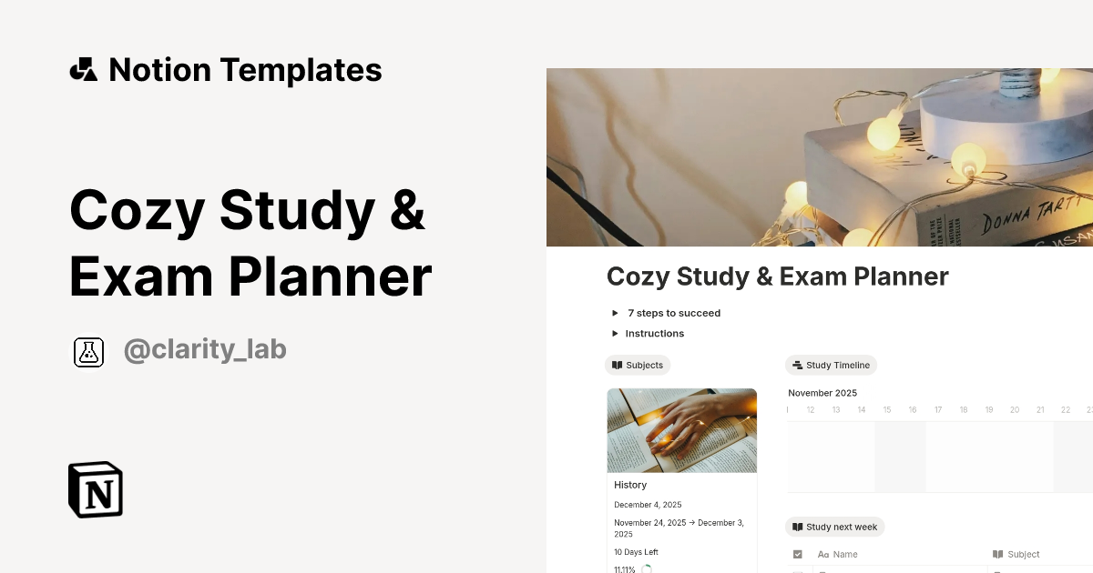 Cozy Study & Exam Planner Template by Clarity Lab | Notion Marketplace