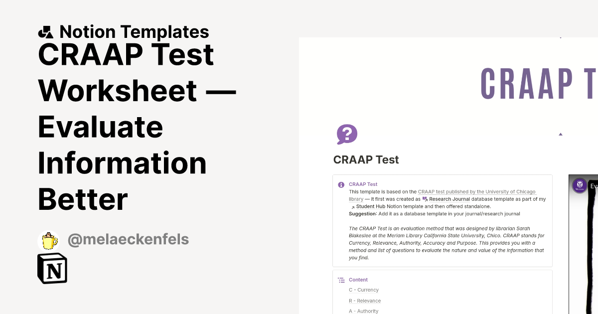 CRAAP Test Worksheet — Evaluate Information Better Template by Mela ...