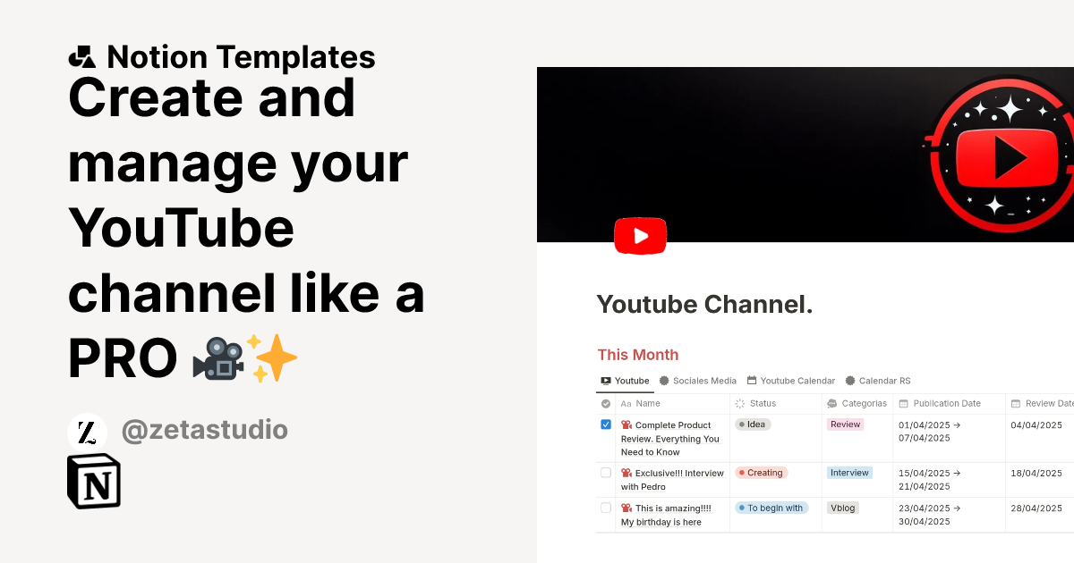 Create and manage your YouTube channel like a PRO 🎥 Template | Notion ...