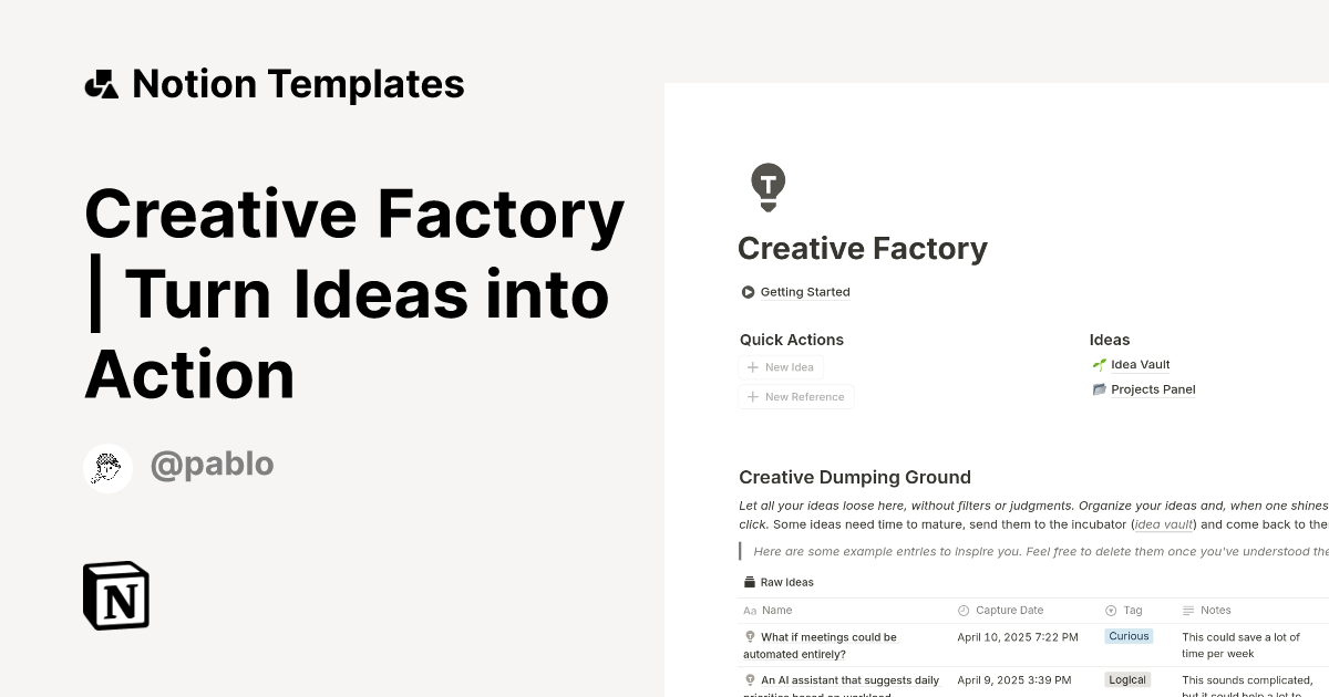 Creative Factory | Turn Ideas into Action Template by Pablo | Notion ...