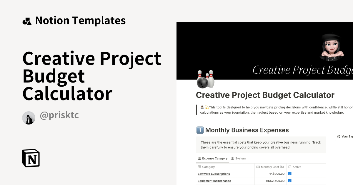 Creative Project Budget Calculator Template by Pris Kwok | Notion ...