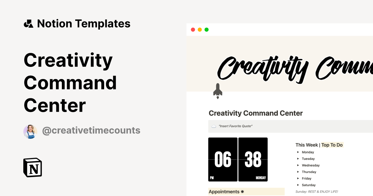Creativity Command Center Template by Kenzie | Creative Time Counts | Notion Marketplace