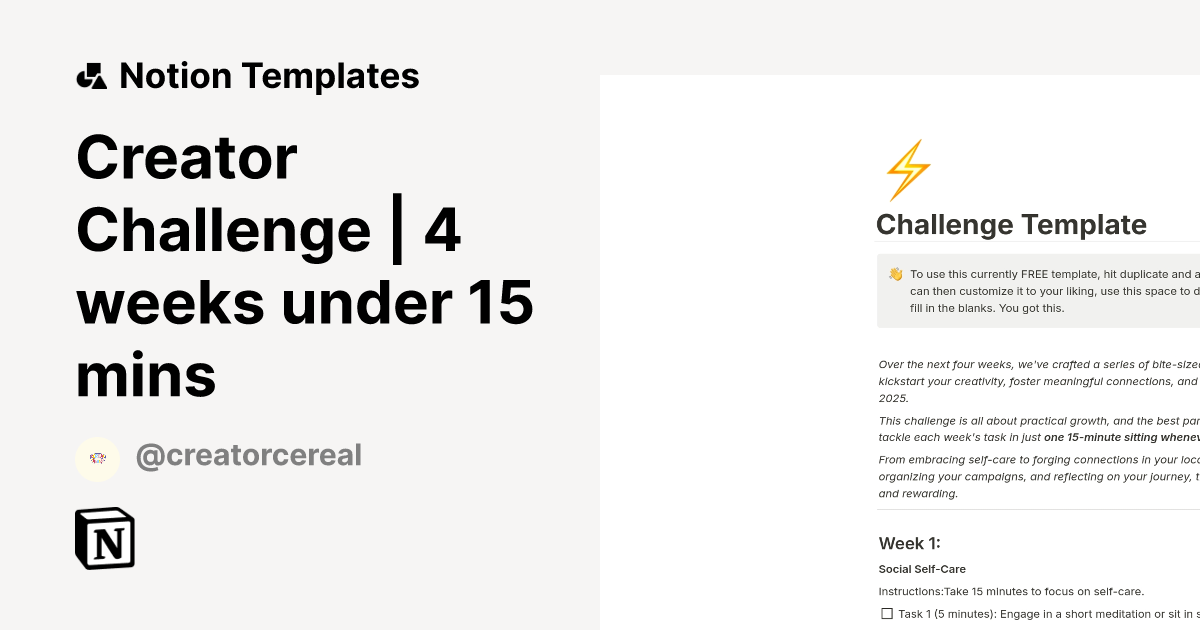 Creator Challenge | 4 weeks under 15 mins Template | Notion Marketplace