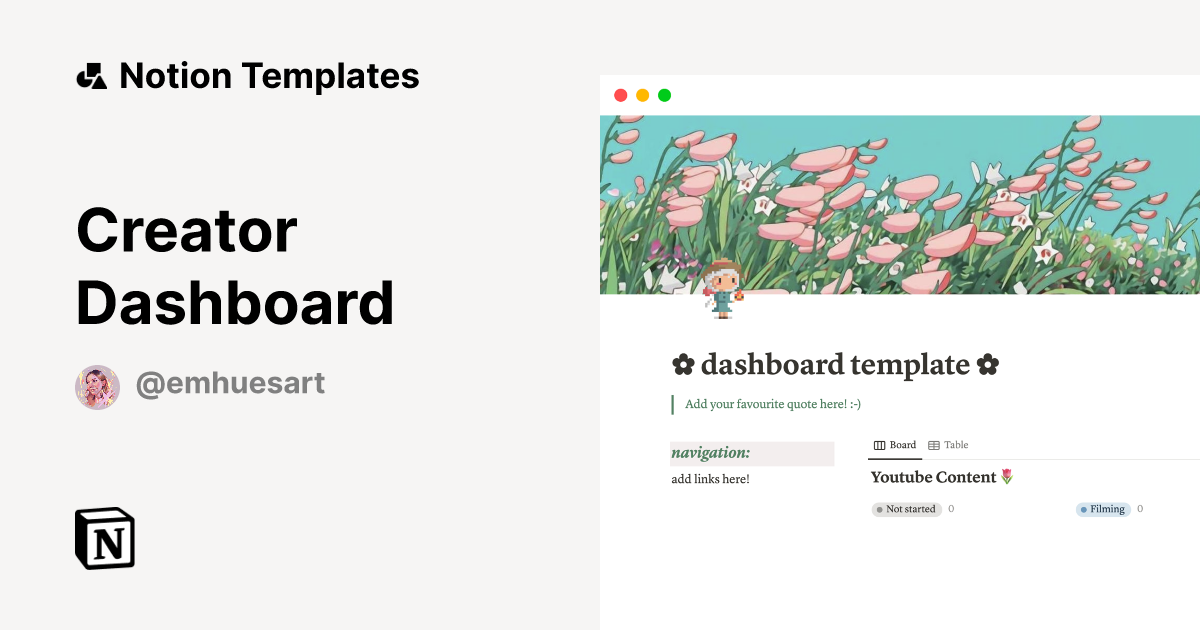 Creator Dashboard Template by Emily Hughes | Notion Marketplace