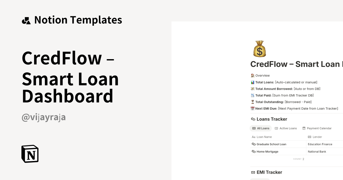 CredFlow – Smart Loan Dashboard Template | Notion Marketplace