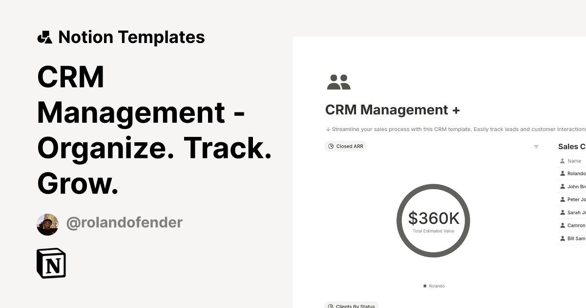 CRM Management - Organize. Track. Grow. Template by Rolando Fender | Notion Marketplace