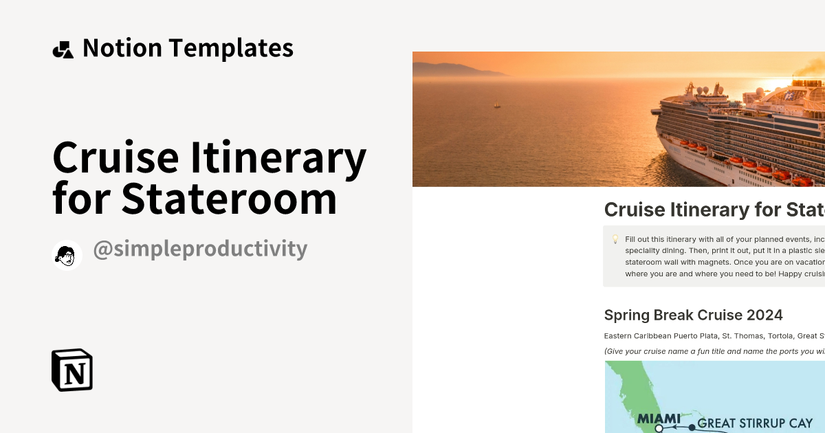 Cruise Itinerary for Stateroom Template by Simple Productivity | Notion ...