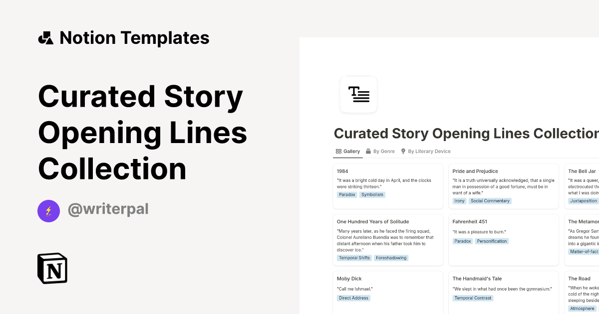 Curated Story Opening Lines Collection Template by writerpal | Notion Marketplace