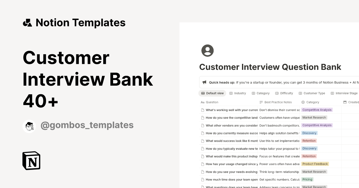 Customer Interview Bank 40+ Template | Notion Marketplace