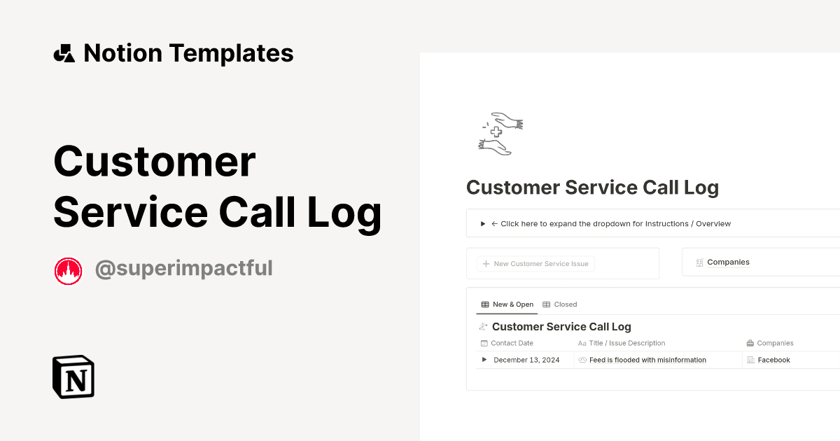Customer Service Call Log Template by Super Impactful Resources | Notion Marketplace