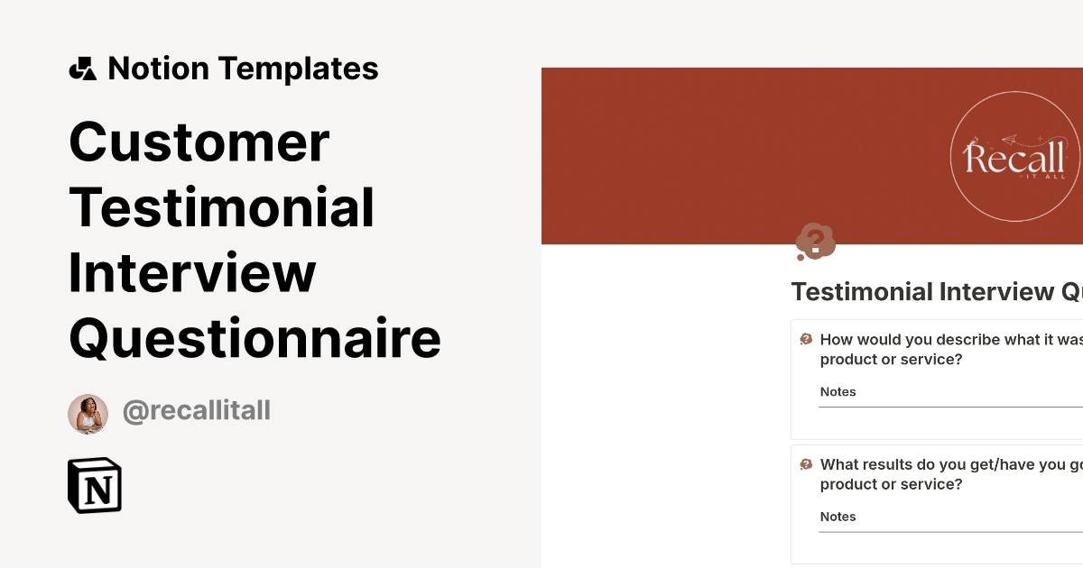 Customer Testimonial Interview Questionnaire Template by Lez | Notion ...