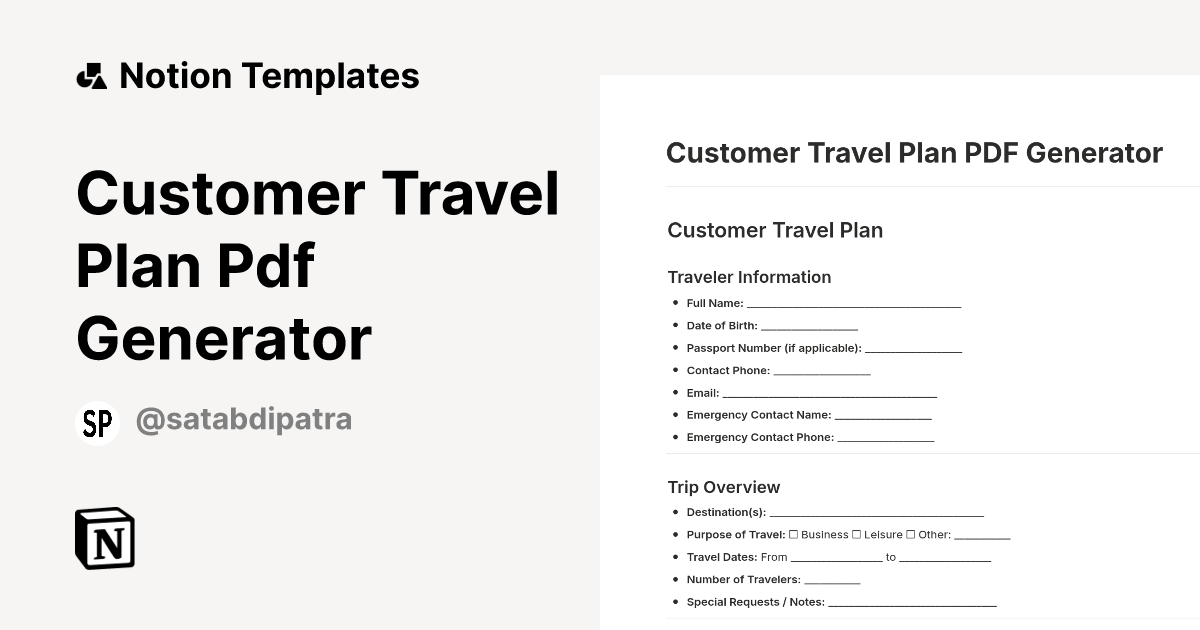 Customer Travel Plan Pdf Generator Template by Satabdi Patra | Notion ...