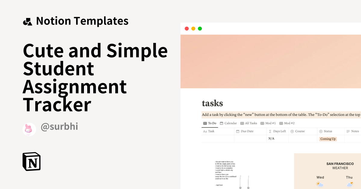 Cute and Simple Student Assignment Tracker Template by surbhi | Notion ...
