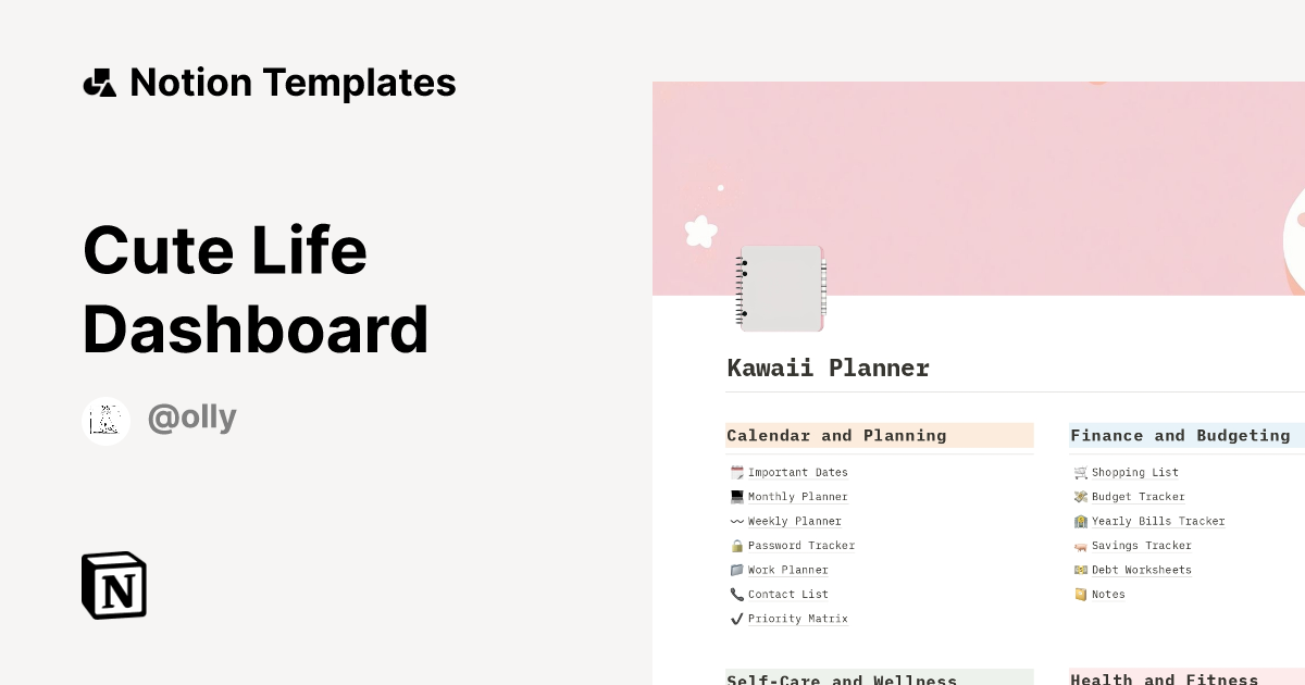 Cute Life Dashboard Template by Olly HubCalendar | Notion Marketplace