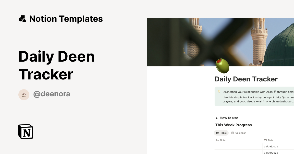 Daily Deen Tracker Template by Deenora Muslims Studio | Notion Marketplace