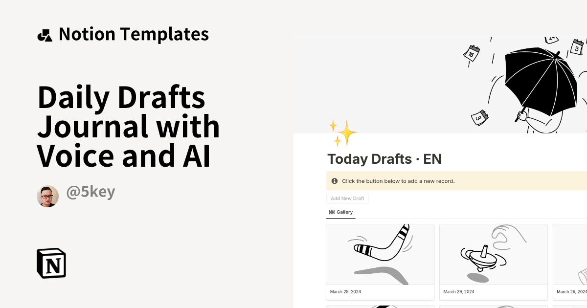 Daily Drafts Journal with Voice and AI Template by 5key | Notion ...