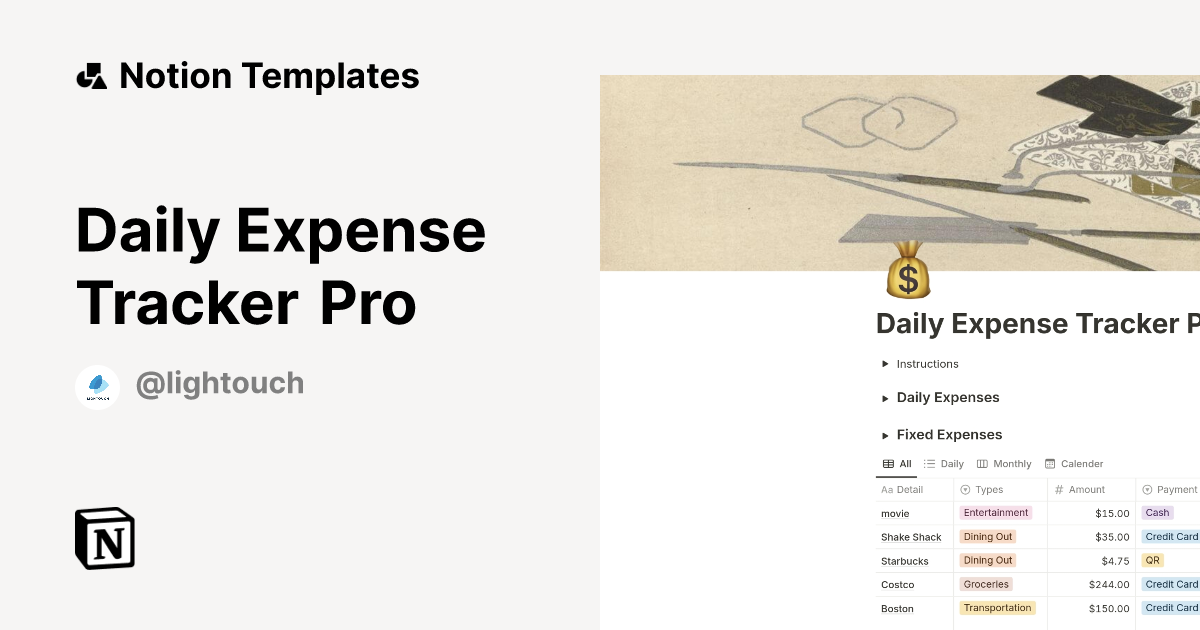 Daily Expense Tracker Pro Template by LIGHTOUCH | Notion Marketplace