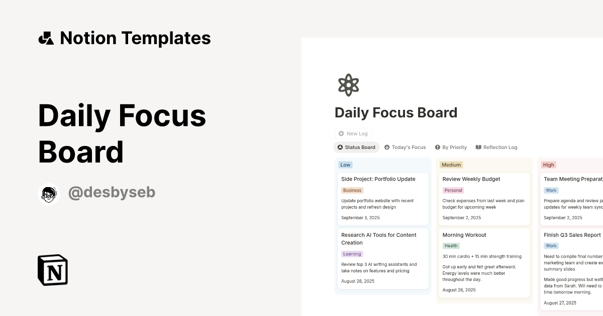 Daily Focus Board Template | Notion Marketplace