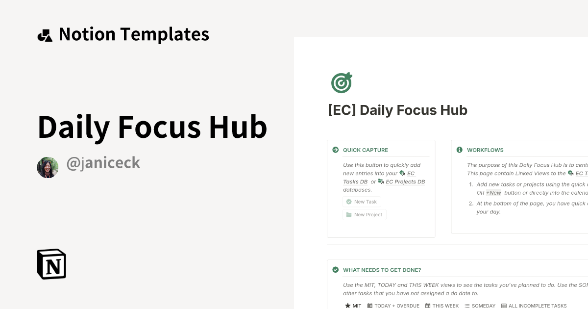 Daily Focus Hub Template by Janice CK | Notion Marketplace