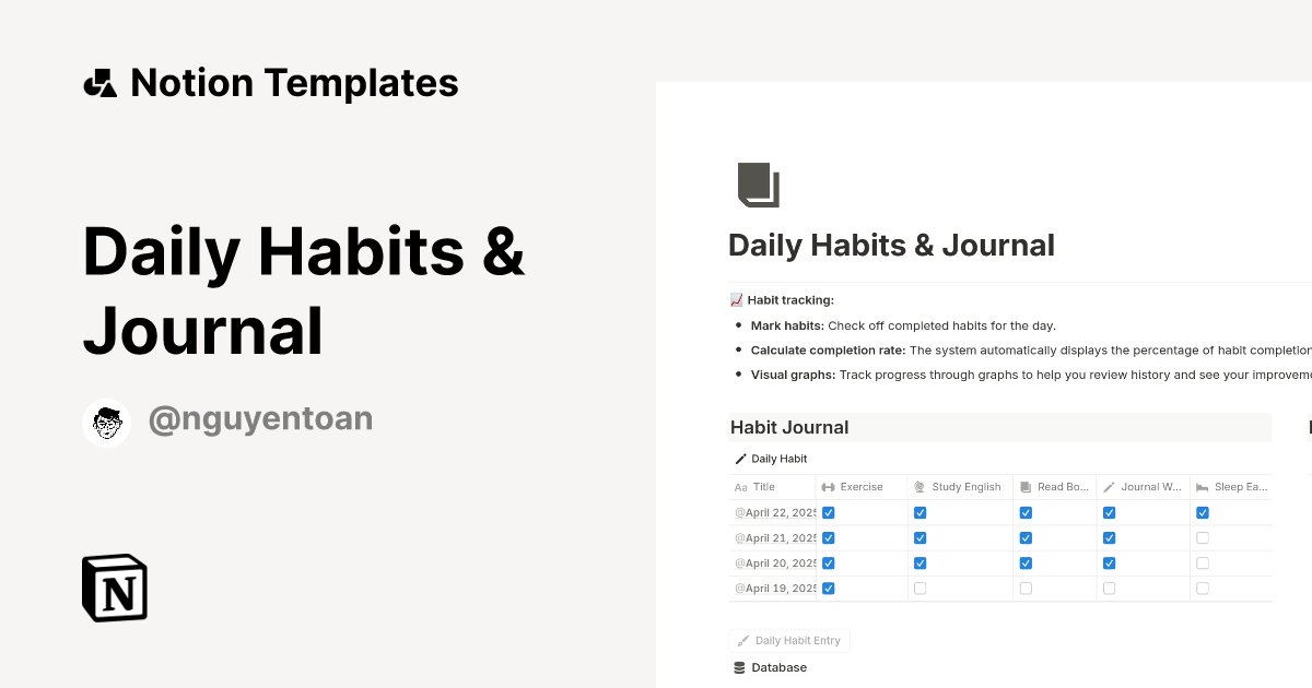Daily Habits & Journal Template by Nguyễn Toàn | Notion Marketplace