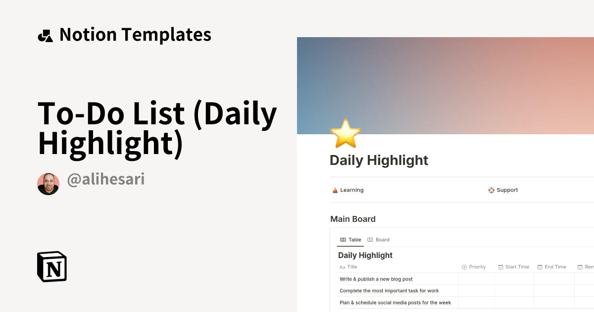 To-Do List (Daily Highlight) Template by Ali Hesari | Notion Marketplace