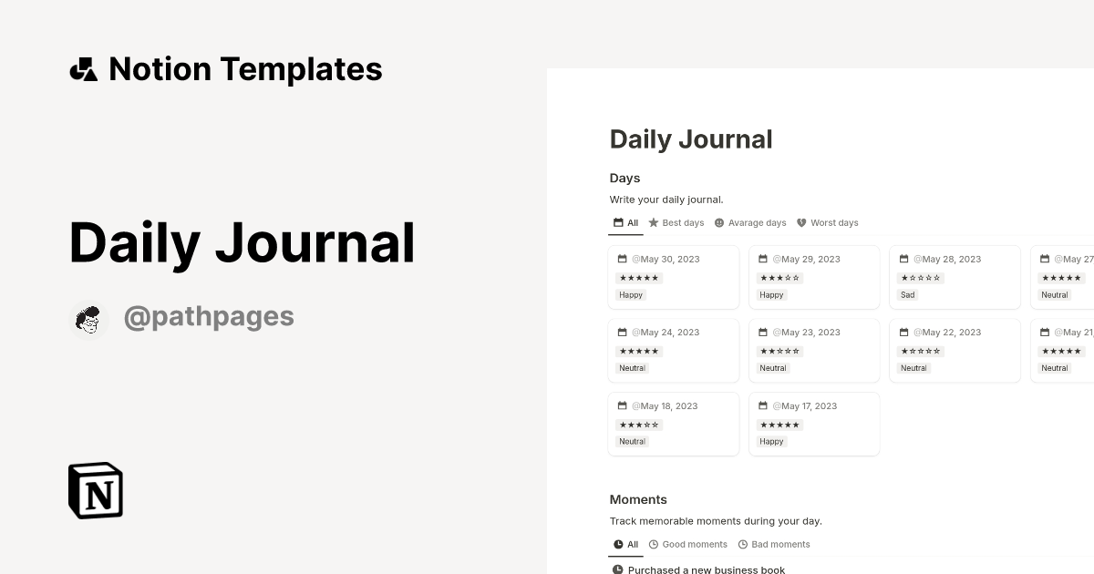 Daily Journal Template by Pathpages | Notion Marketplace