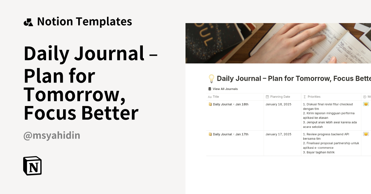 Daily Journal – Plan for Tomorrow, Focus Better Template by msyahidin ...