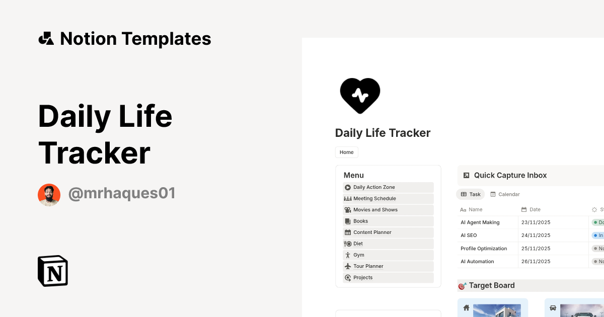 Daily Life Tracker Template by Mr. Haque | Notion Marketplace