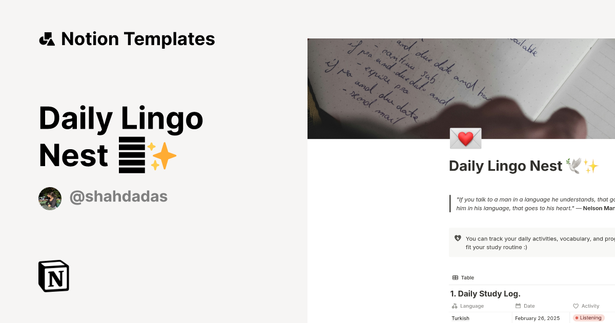 Daily Lingo Nest 🕊 Template by Shahd | Notion Marketplace