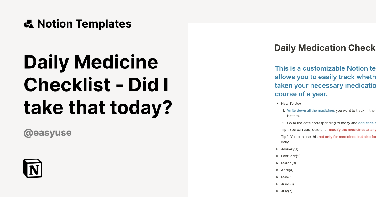 Daily Medicine Checklist - Did I take that today? Template | Notion ...