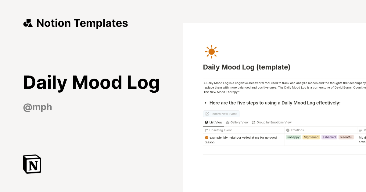 Daily Mood Log Template by MPH | Notion Marketplace