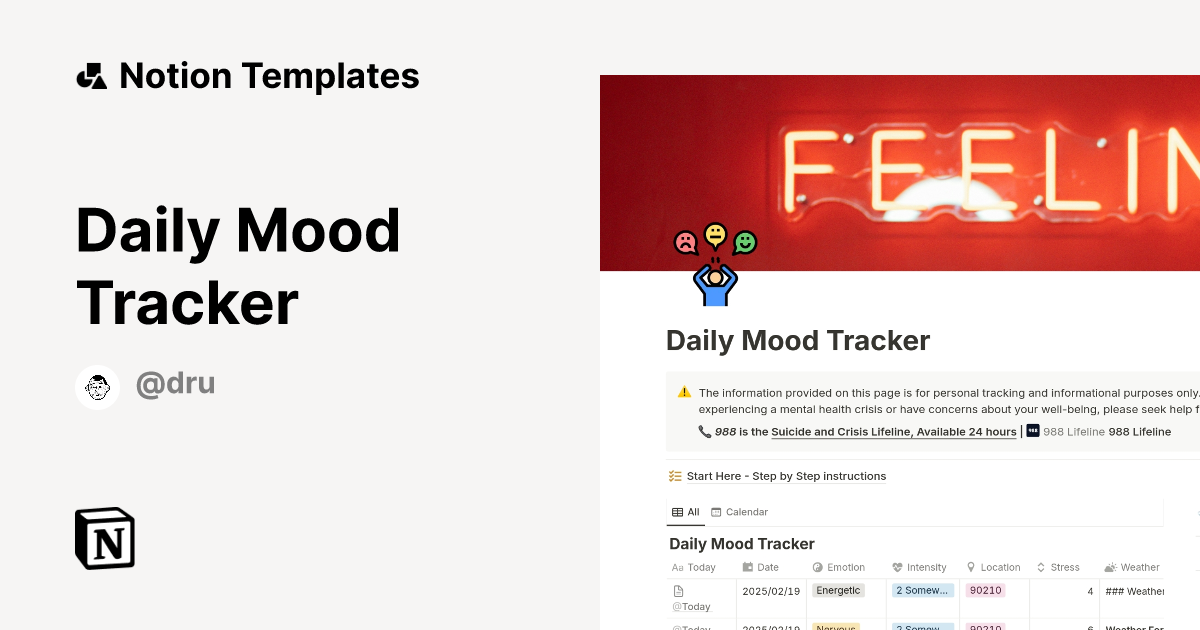 Daily Mood Tracker Template by Dru | Notion Marketplace