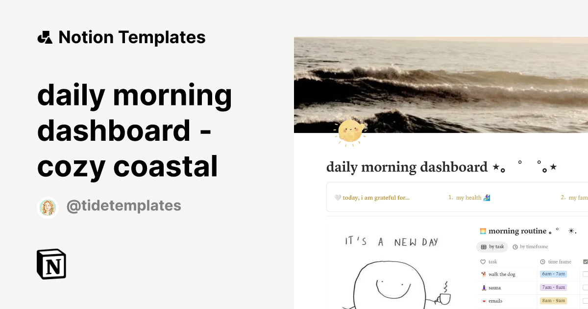daily morning dashboard - cozy coastal Template | Notion Marketplace