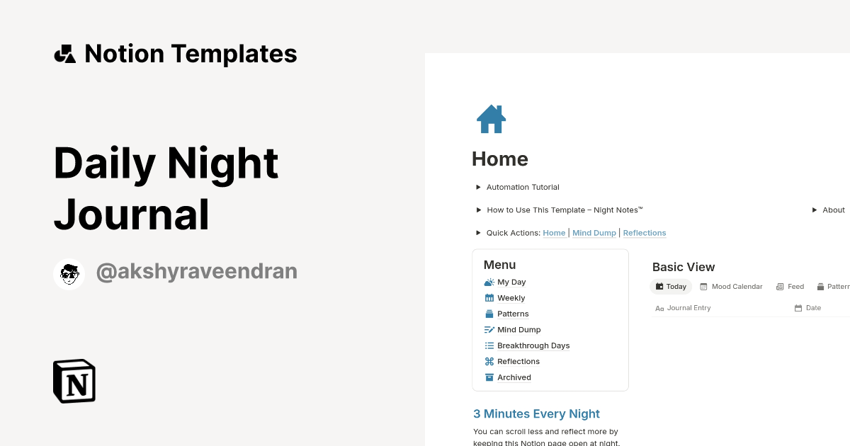Daily Night Journal Template by Akshay Raveendran | Notion Marketplace