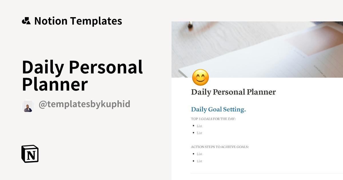 Daily Personal Planner Template by KUPHID'S CREATURES | Notion Marketplace