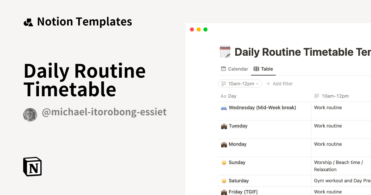 Daily Routine Timetable Template by Michael Itorobong Essiet | Notion ...