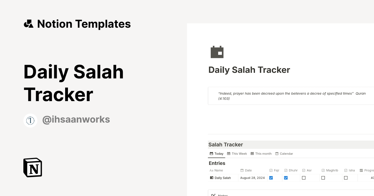 Daily Salah Tracker Template by Ihsaanworks | Notion Marketplace