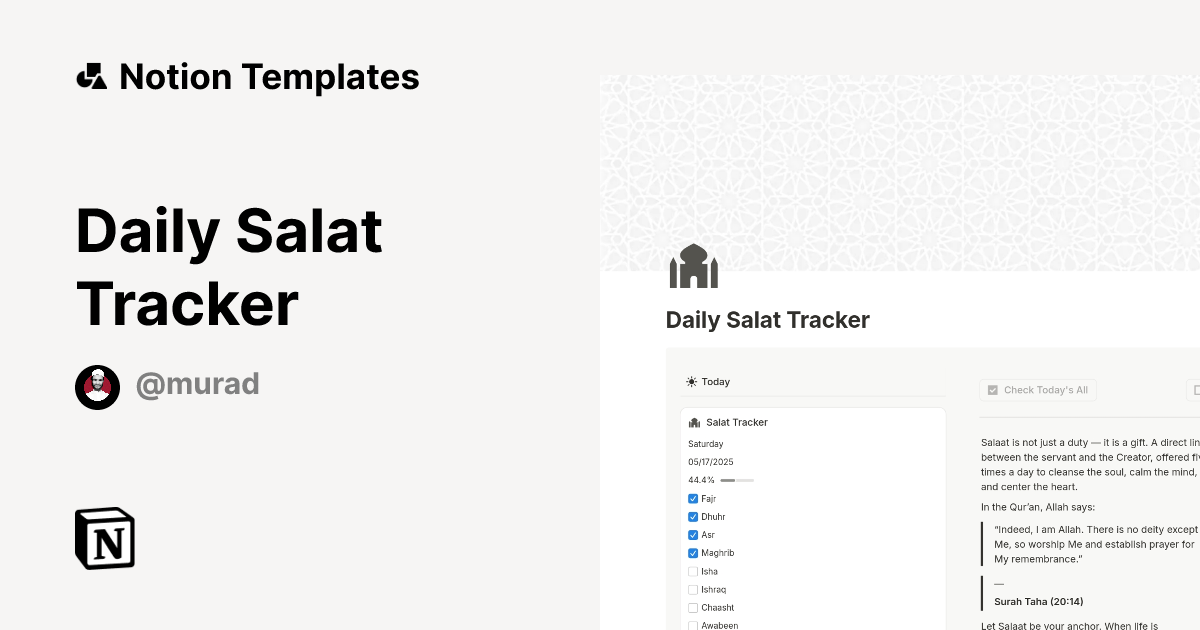 Daily Salat Tracker Template by Murad | Notion Marketplace