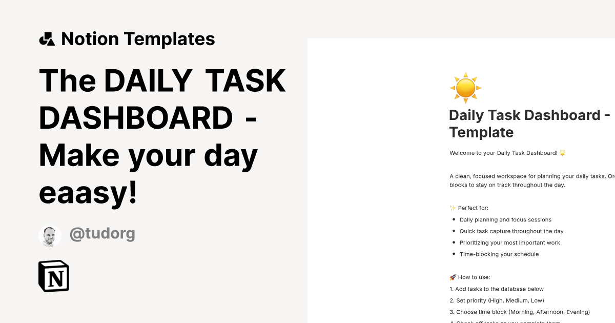 The DAILY TASK DASHBOARD - Make your day eaasy! Template by Tudor-Ionut ...