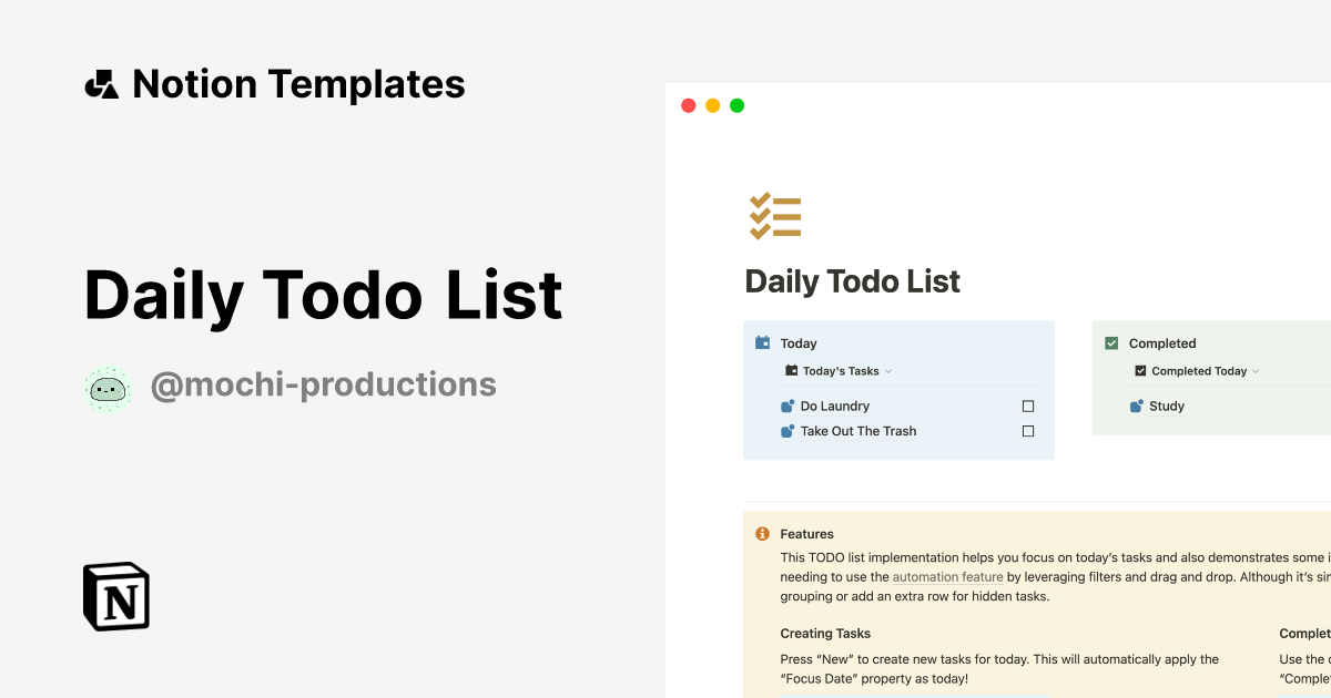 Daily Todo List Template by Mochi Productions | Notion Marketplace