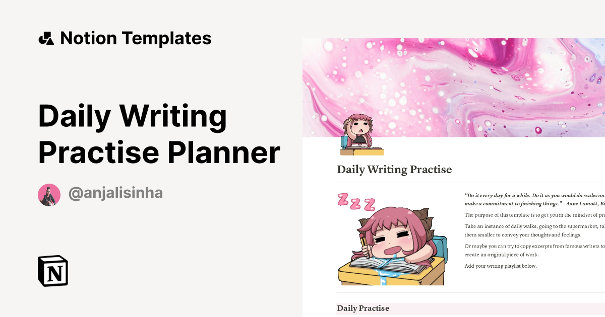 Daily Writing Practise Planner Template | Notion Marketplace