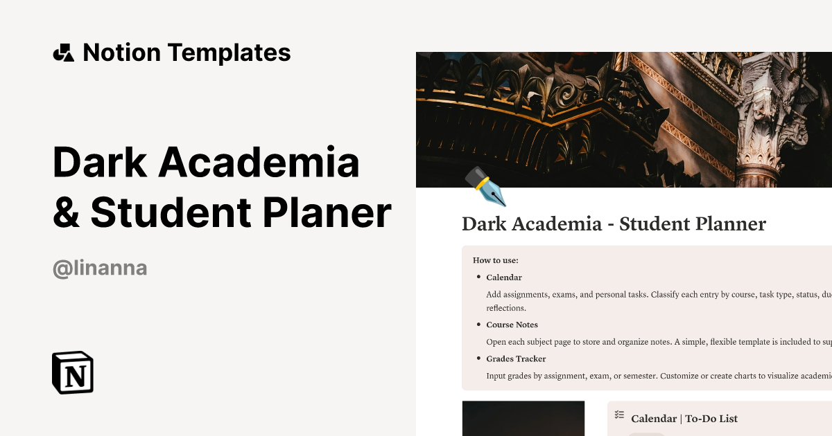 Dark Academia & Student Planer Template by Lina | Notion Marketplace