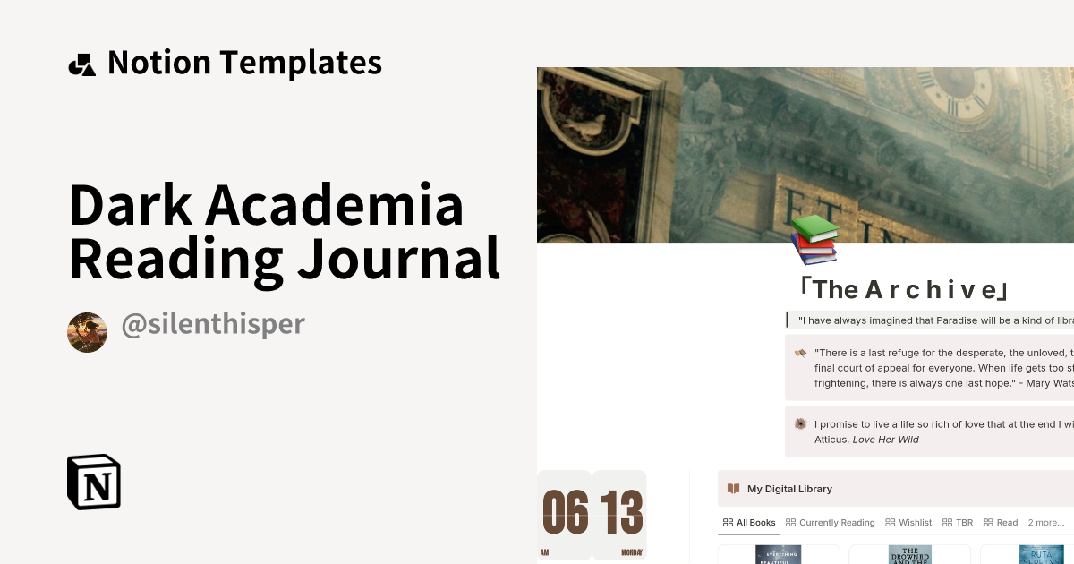 Dark Academia Reading Journal Template by Haven Lopaz | Notion Marketplace