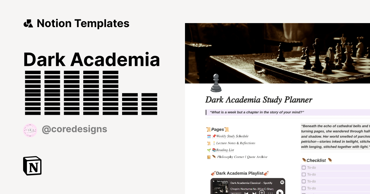 Dark Academia 𝑆𝑡𝑢𝑑𝑦 𝛲𝑙𝑎𝑛𝑛𝑒𝑟 Template by CORE DESIGNS | Notion Marketplace