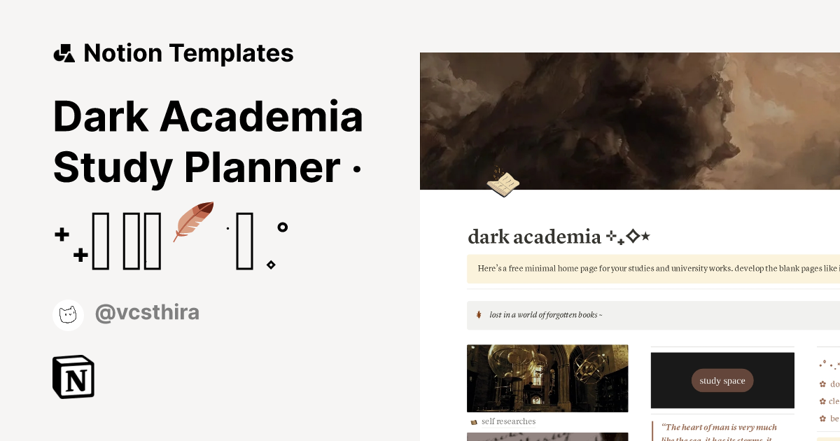 Dark Academia Study Planner ‧⁺₊ 𓍢ִ໋ 🪶 ׂ ⋆ ۪ ˚ Template | Notion Marketplace