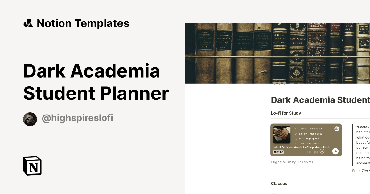Dark Academia Student Planner Template by High Spires | Notion Marketplace