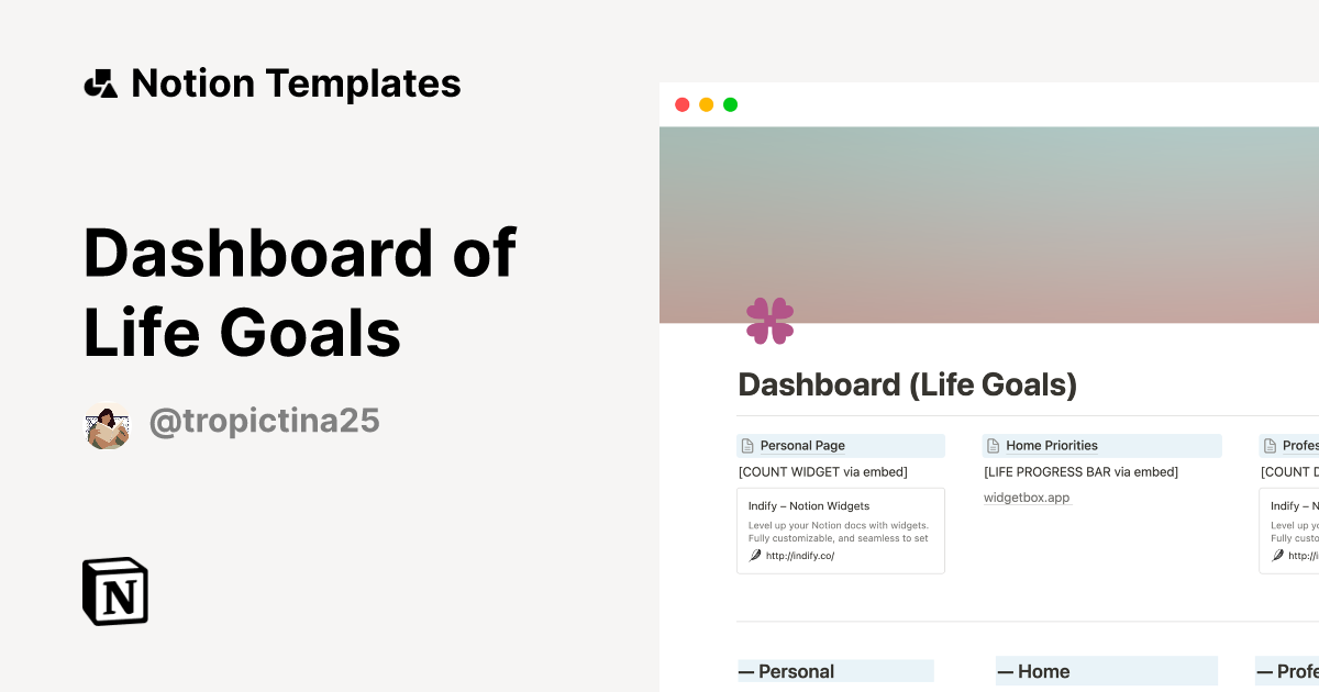 Dashboard of Life Goals Template by TropicTina25 | Notion Marketplace